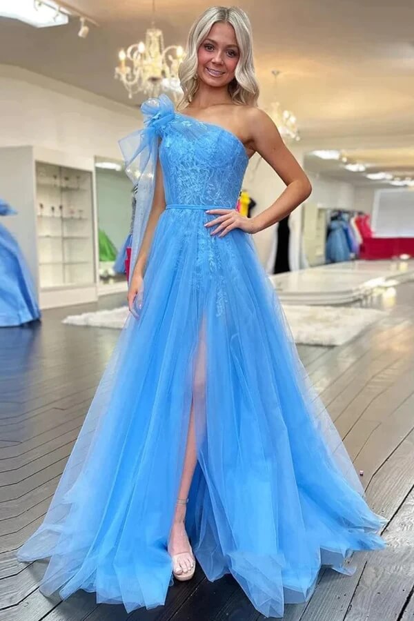 Blue Prom Dresses One Shoulder One Shoulder Blue Lace Long Prom