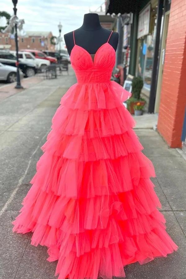 Red Tulle A-line V-neck Layers Long Prom Dresses, MP951 | Musebridals