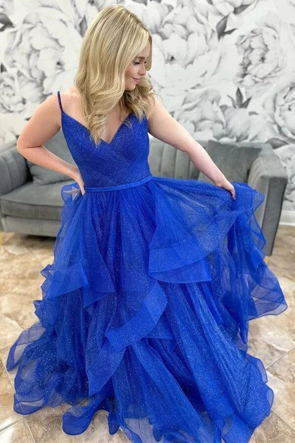Sparkly Royal Blue Tulle A Line V Neck Prom Dress Mp911 Musebridals